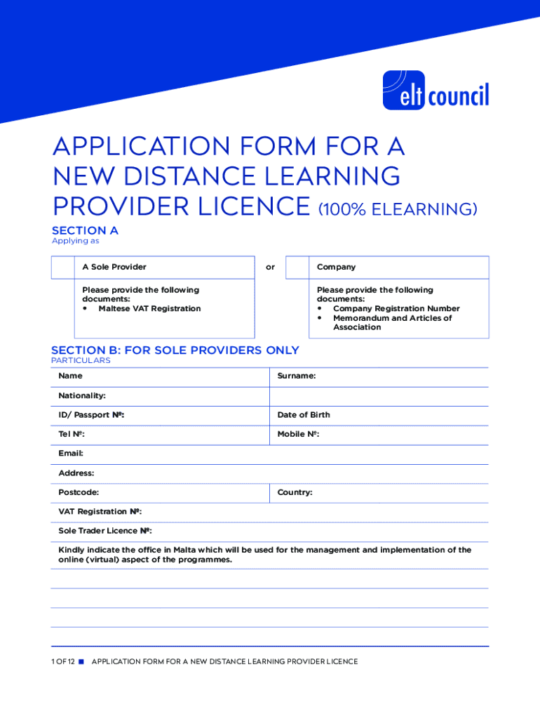 Fillable Online eltcouncil gov APPLICATION FORM FOR A NEW DISTANCE ...