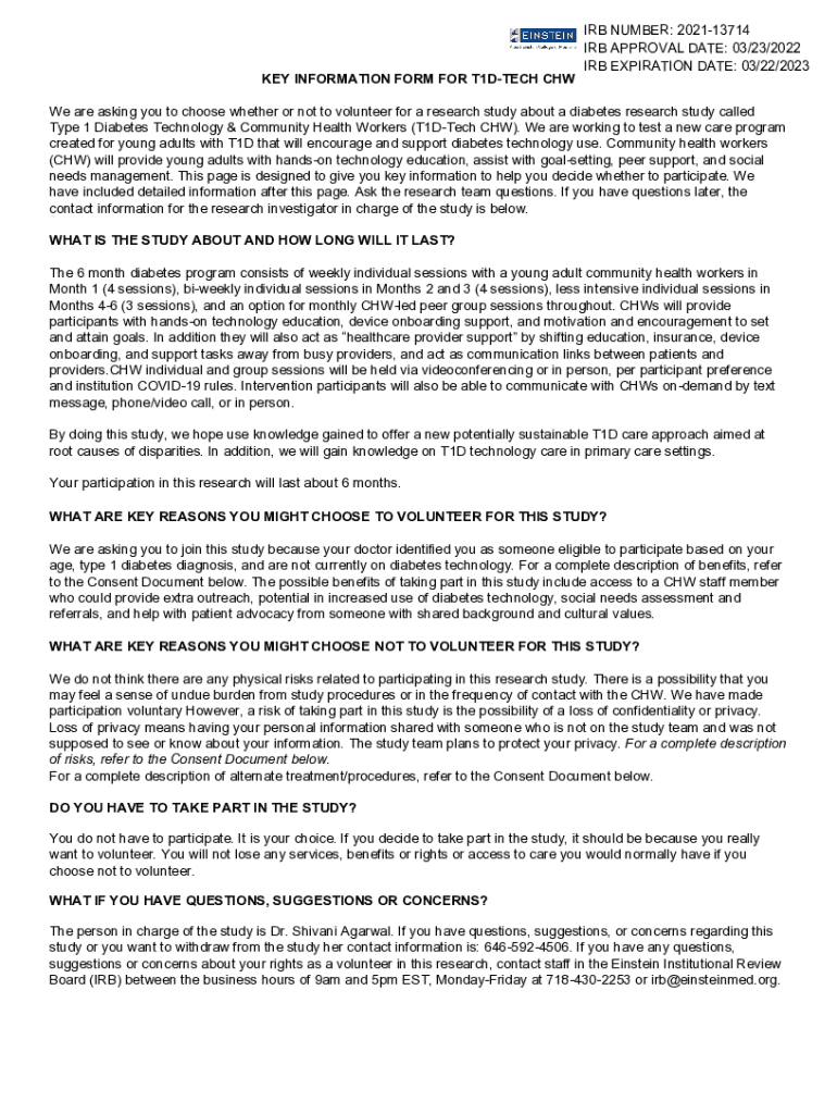 Fillable Online Key Information Form for T1D-Tech CHW Fax Email Print ...
