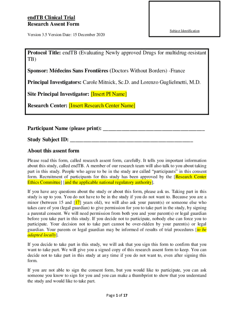 Fillable Online endTB Clinical Trial Research Assent Form Fax Email ...
