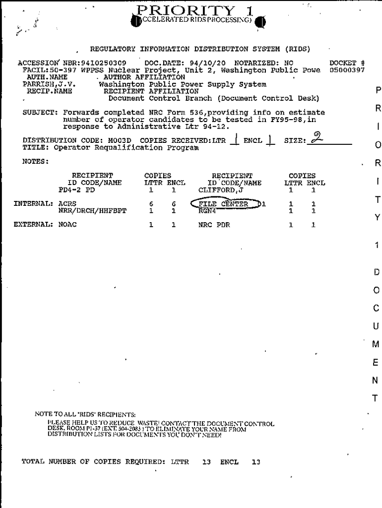 Fillable Online Forwards completed NRC Form 536,providing info on ...