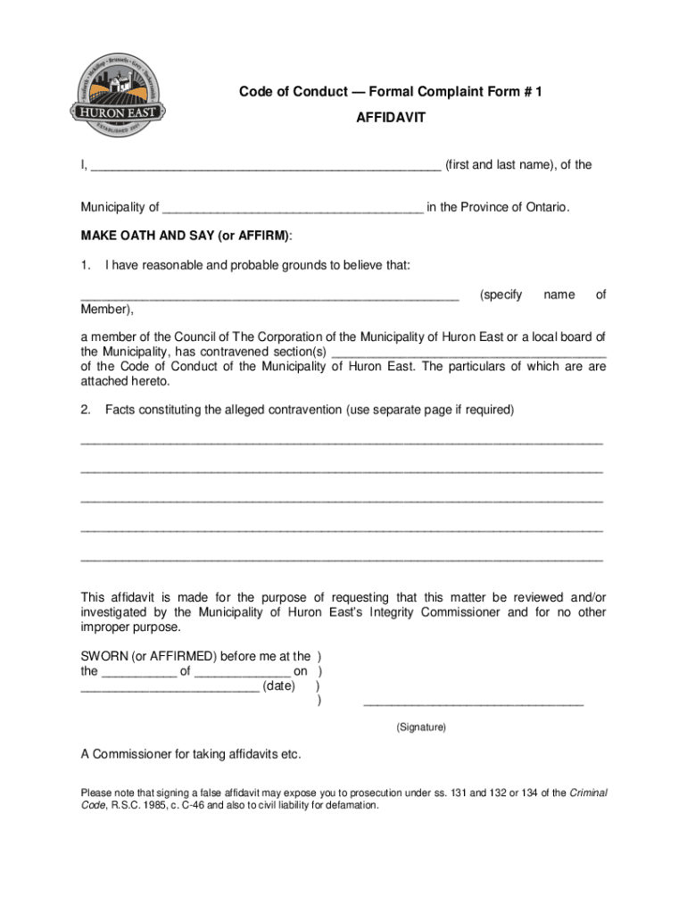 Fillable Online Code of Conduct Formal Complaint Form # 1 Fax Email ...