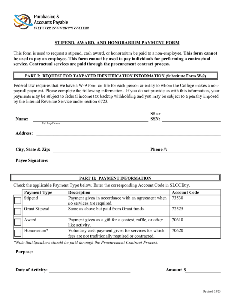 Fillable Online Stipend, Award, and Honorarium Payment Form Fax Email ...
