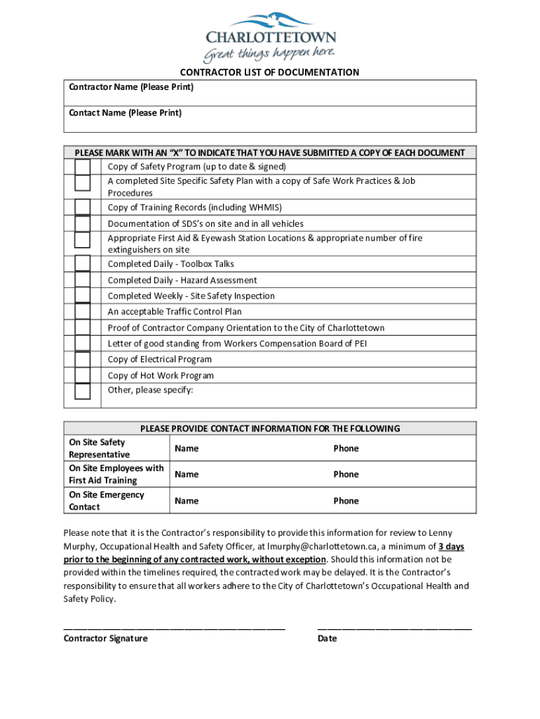 Fillable Online CONTRACTOR LIST OF DOCUMENTATION Fax Email Print ...