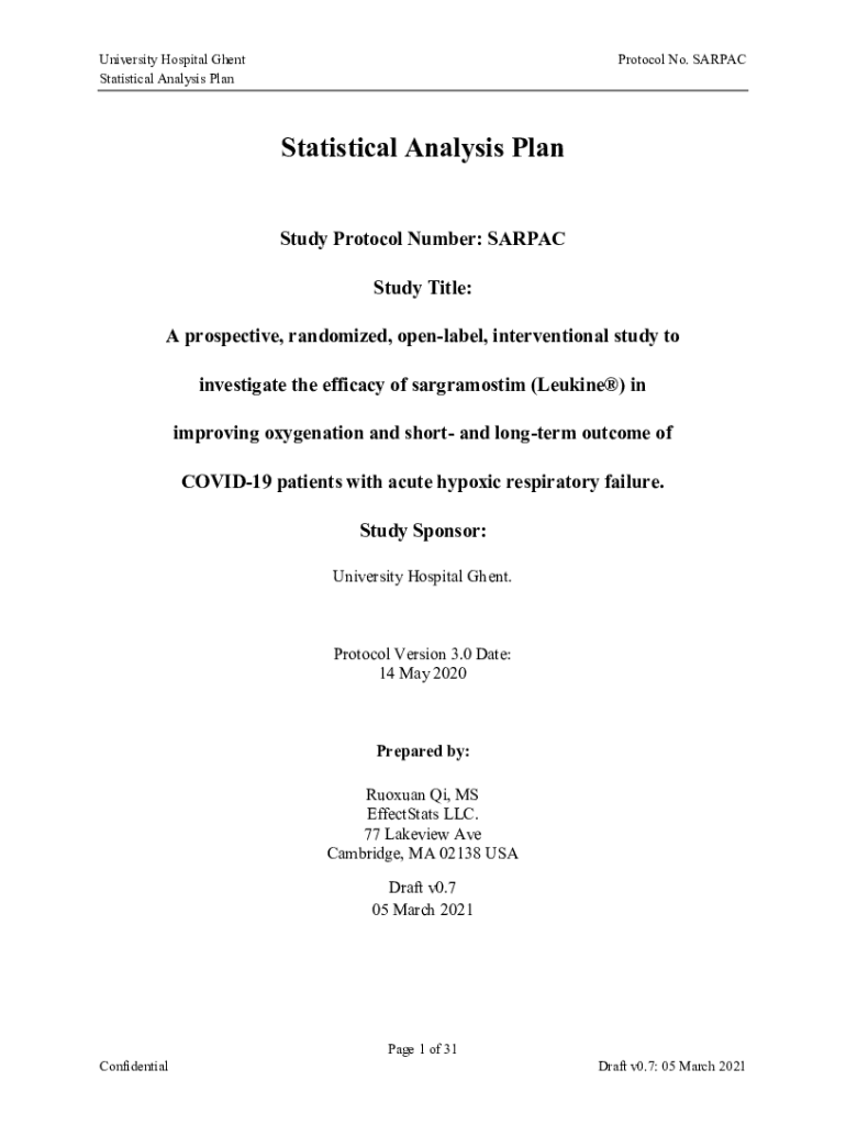 Fillable Online Protocol summary and statistical analysis plan for the ...