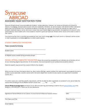Fillable Online suabroad syr ACADEMIC NEED VERIFICATION FORM Fax Email ...