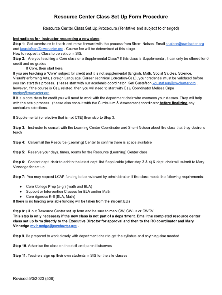 Fillable Online Resource Center Class Set Up Form Procedure 5.3.23 Fax ...