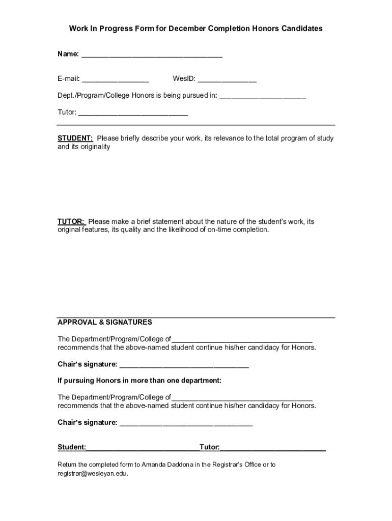 Fillable Online Work in Progress Form for December Completion Honors ...