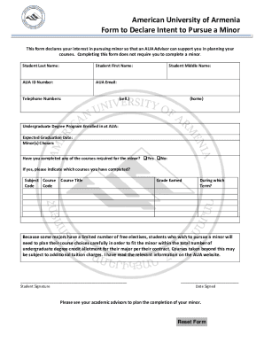 Fillable Online registrar aua Form to Declare Intent to Pursue a Minor ...