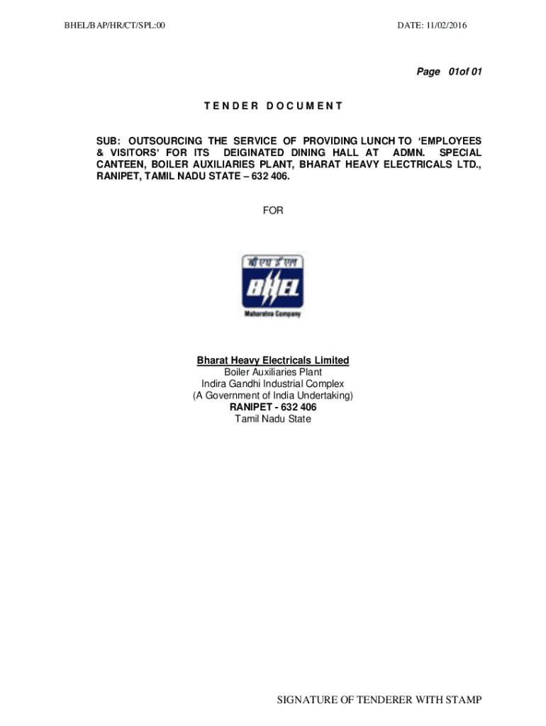 Fillable Online Tender for Job Contract of Canteen Services including ...