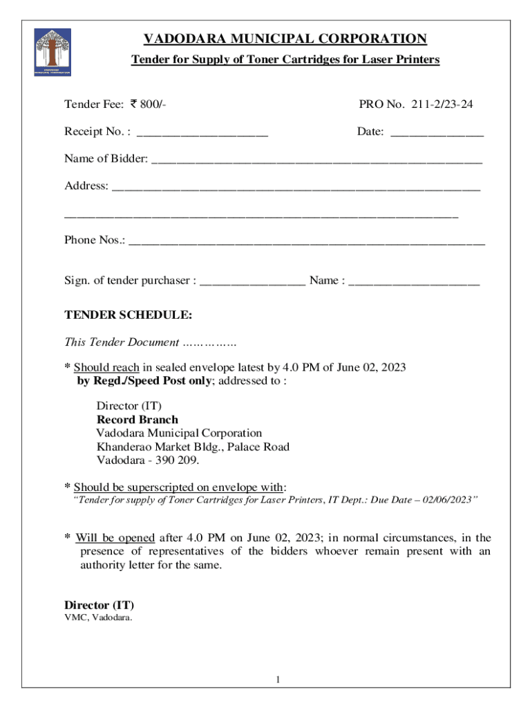 Fillable Online Tender Fee: 800/- Fax Email Print - pdfFiller