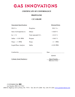 Fillable Online certificate of conformance propylene 4.0 research ...