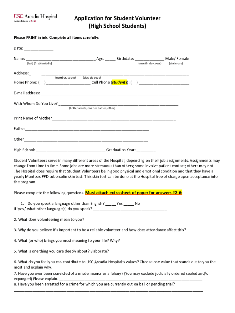 Fillable Online Application for Student Volunteer (High School Students ...
