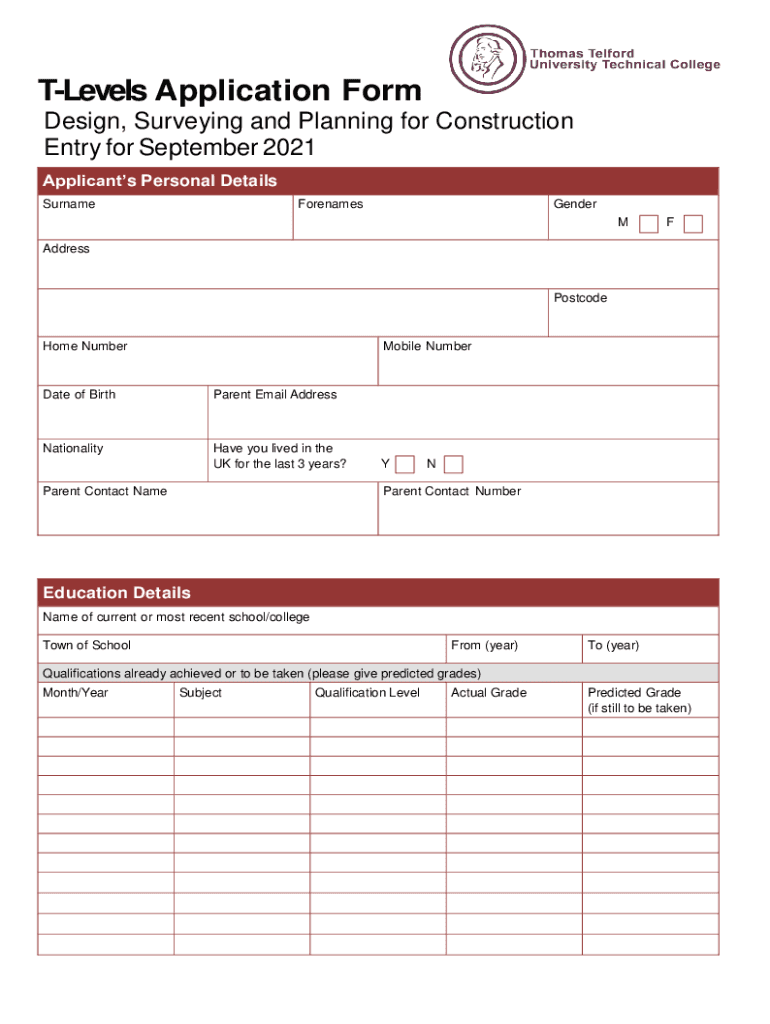 Fillable Online T-Levels Application Form Fax Email Print - pdfFiller