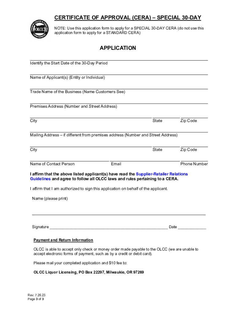 Fillable Online CERTIFICATE OF APPROVAL (CERA)SPECIAL 30-DAY Fax Email ...