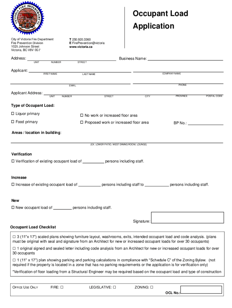 Fillable Online Occupant Load Application - City of Victoria Fax Email ...