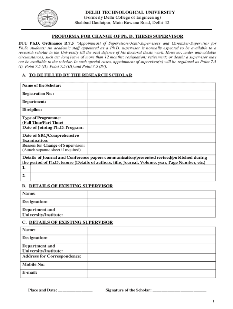 Fillable Online dtu ac PROFORMA FOR CHANGE OF Ph. D. THESIS TITLE Fax Email Print - pdfFiller
