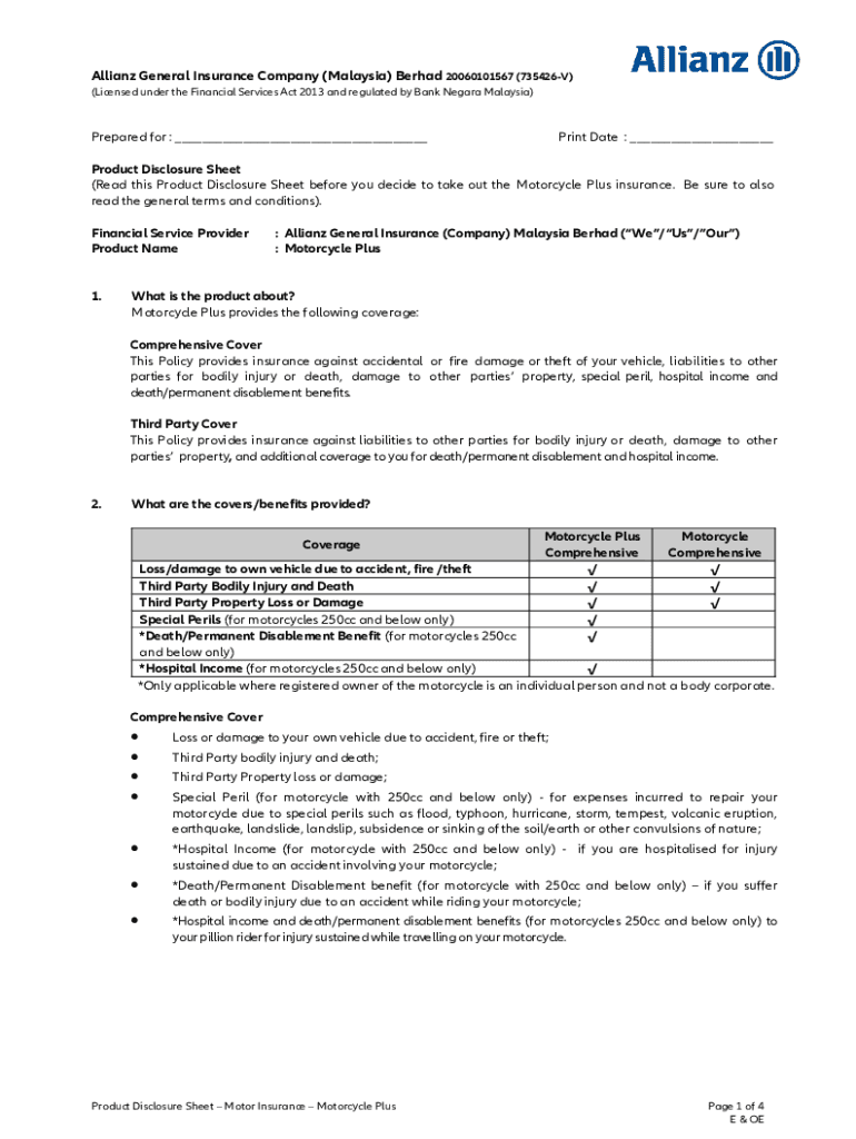 Fillable Online ALLIANZ GENERAL INSURANCE COMPANY (MALAYSIA ... Fax Email Print - pdfFiller