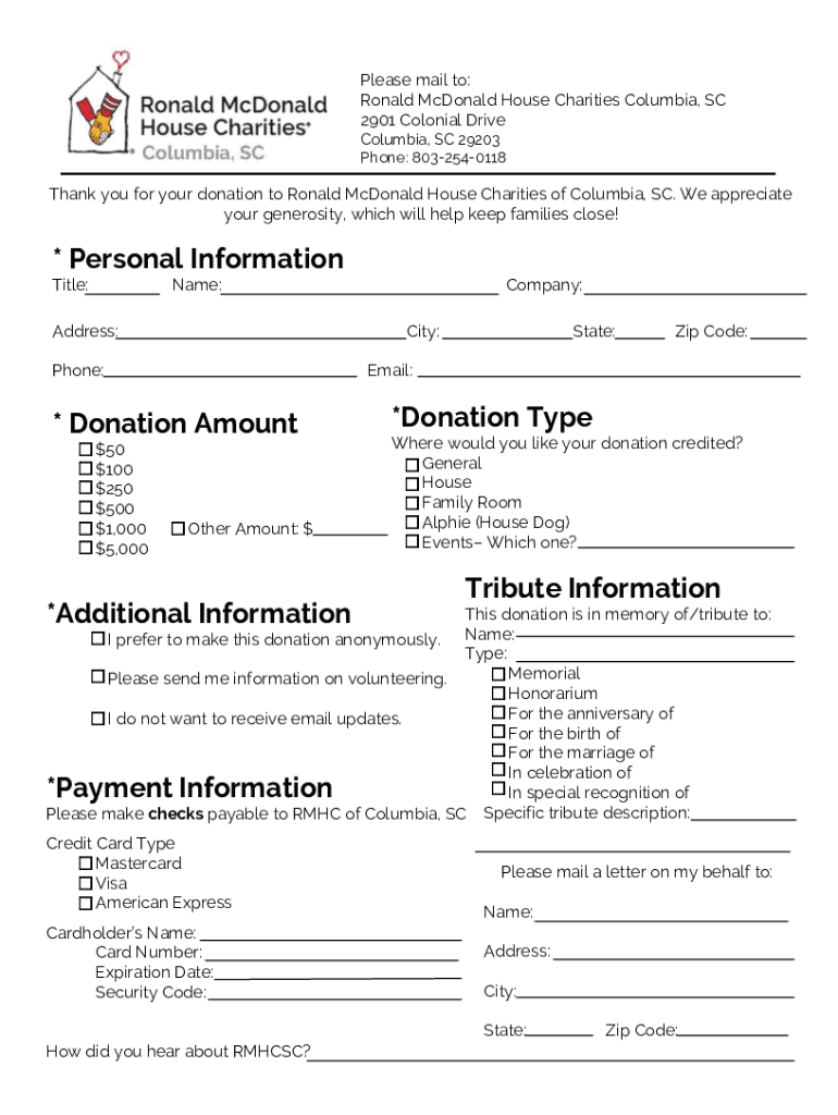 Fillable Online Welcome to Ronald McDonald House of Columbia, SC Fax ...