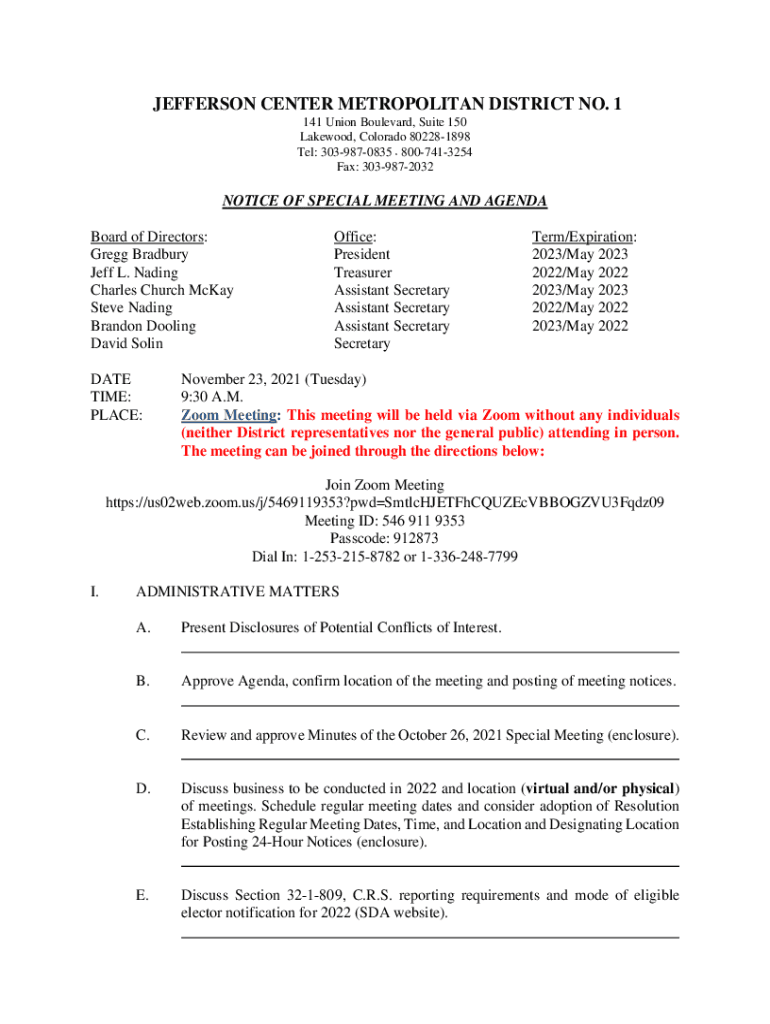 Fillable Online Jefferson Center Metropolitan District No 1 - Lakewood ...