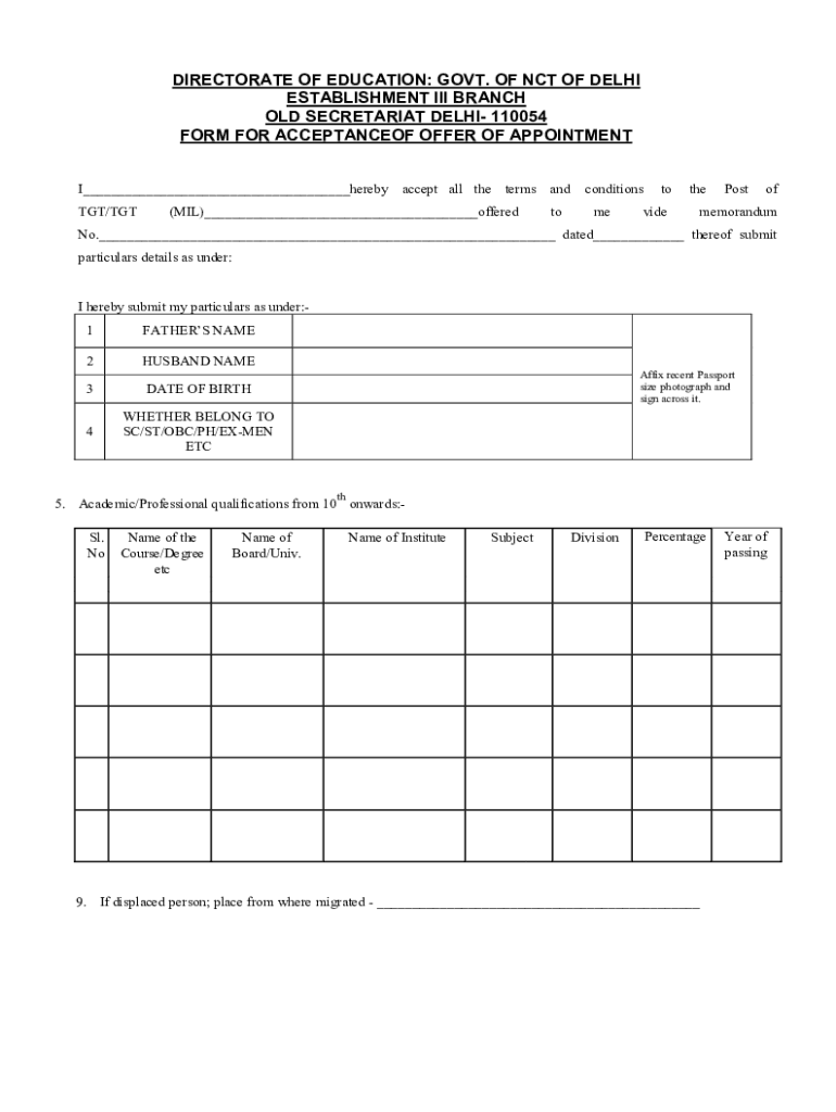 Fillable Online directorate of education: govt. of nct of delhi ...
