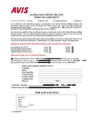 Fillable Online Avis Global Electronic Billing Terms of Agreement Fax ...