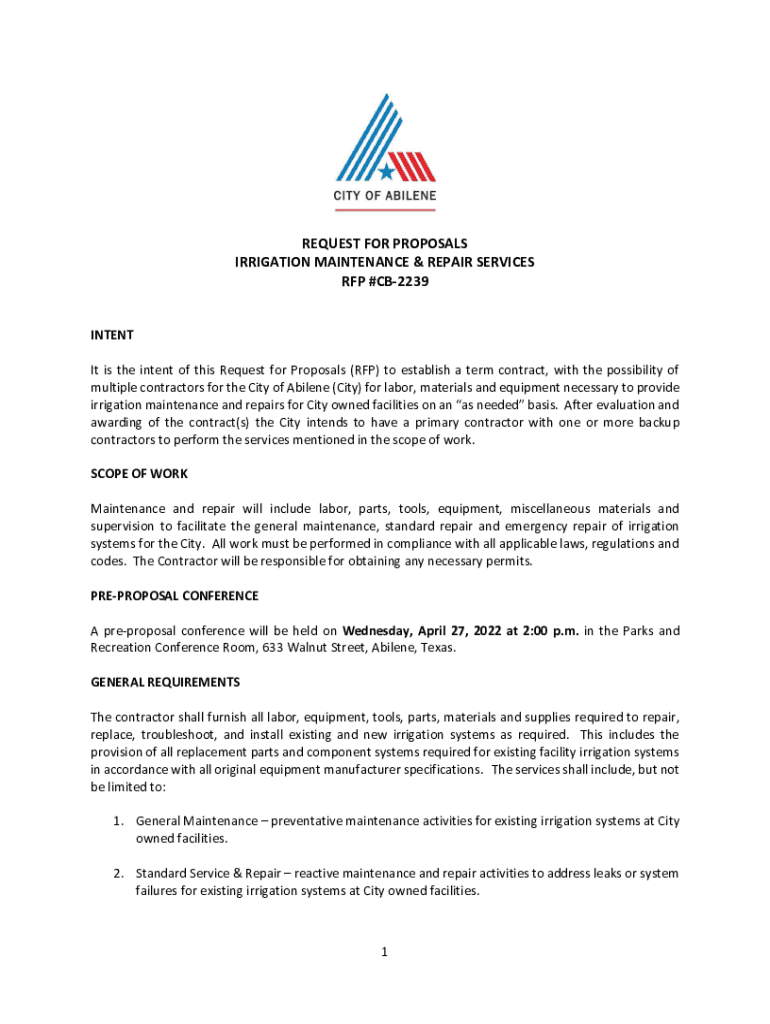 Fillable Online Association Name Request for Proposal Year Irrigation ...