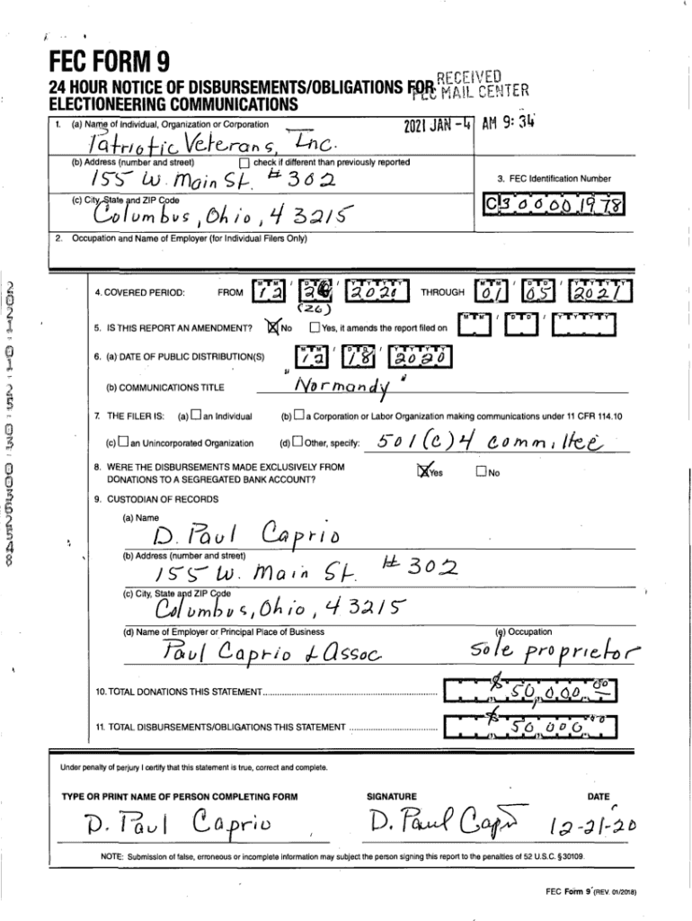 Fillable Online FEC FORM 9 24 HOUR NOTICE OF DISBURSEMENTS/ ... Fax ...