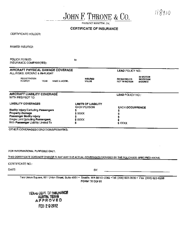 Fillable Online John F Throne and Co Certificate of Insurance. FORM TX ...