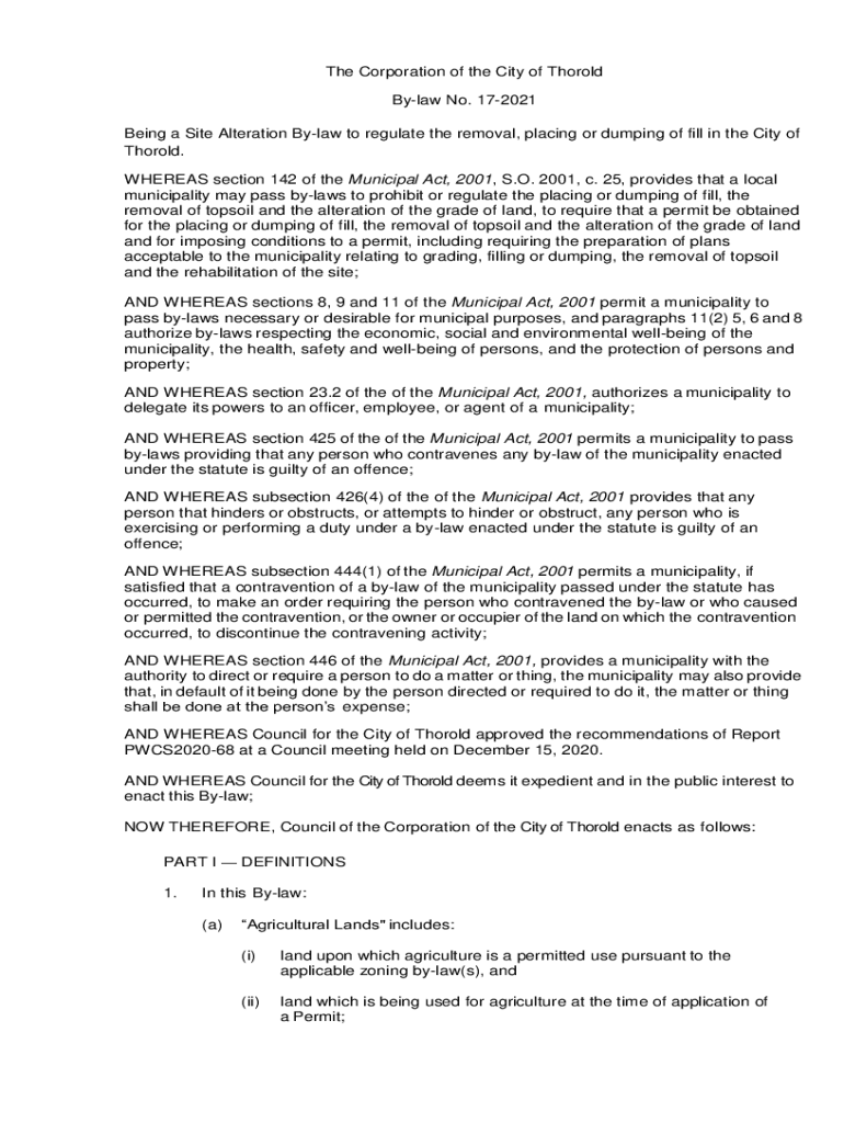 Fillable Online Being a Site Alteration By-law to regulate the removal ...