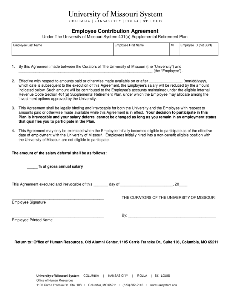 Fillable Online Employee Contribution Agreement. Retirement plan ...