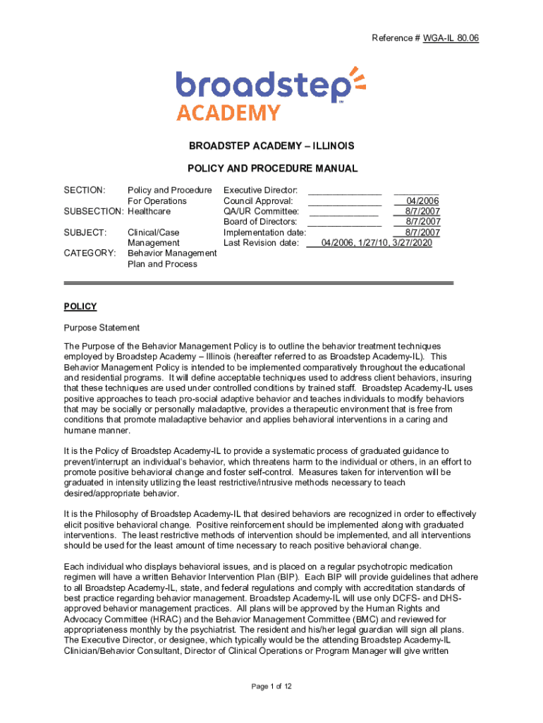 Fillable Online ILLINOIS POLICY AND PROCEDURE ... - BROADSTEP ACADEMY ...