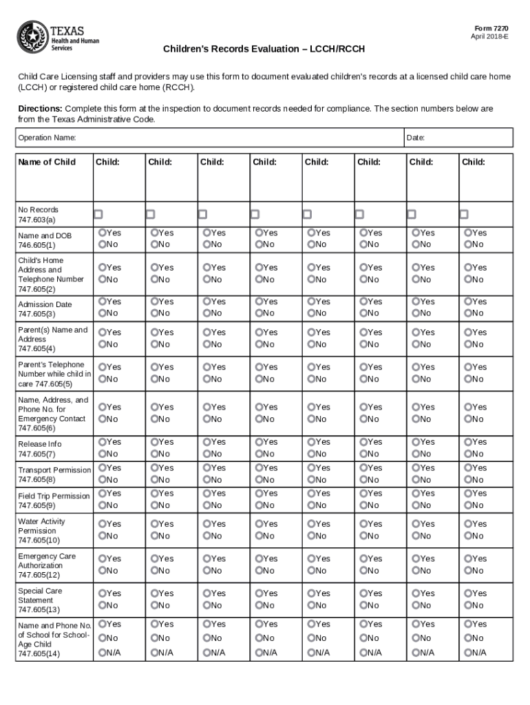 Fillable Online Children's Records Evaluation – LCCH/RCCH - 7270.pdf Fax Email Print - pdfFiller