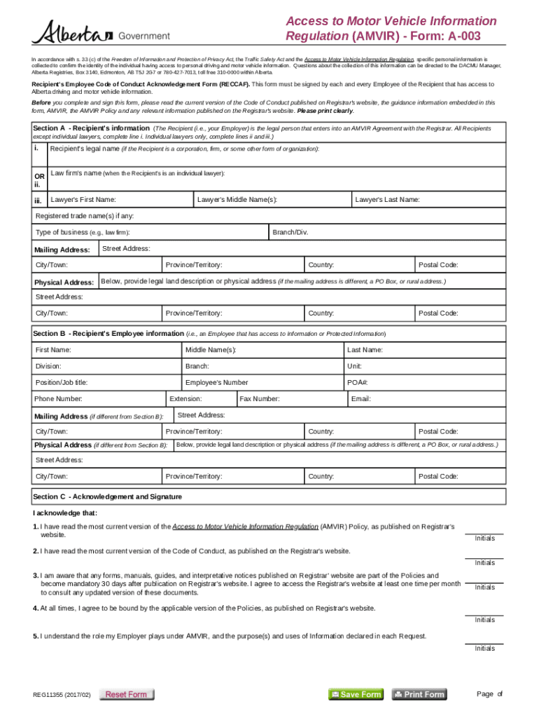 Fillable Online Access to Motor Vehicle Information Regulation (AMVIR ...