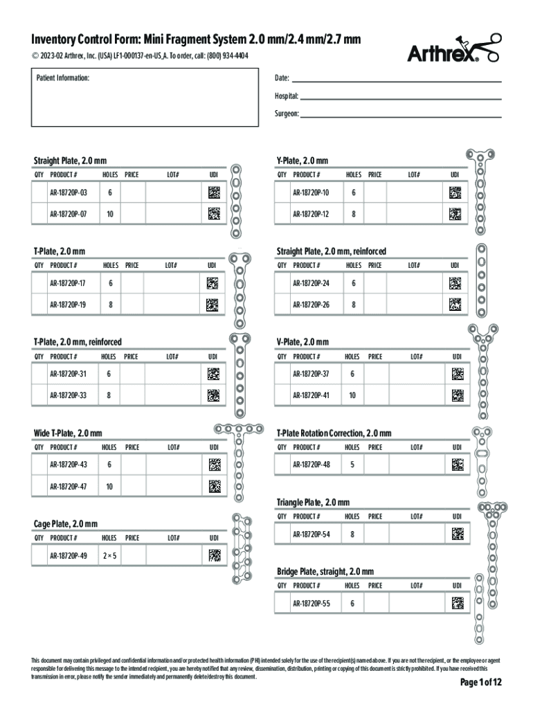 Fillable Online Inventory Control Form: Mini Fragment System 2.0 mm/2.4 ...