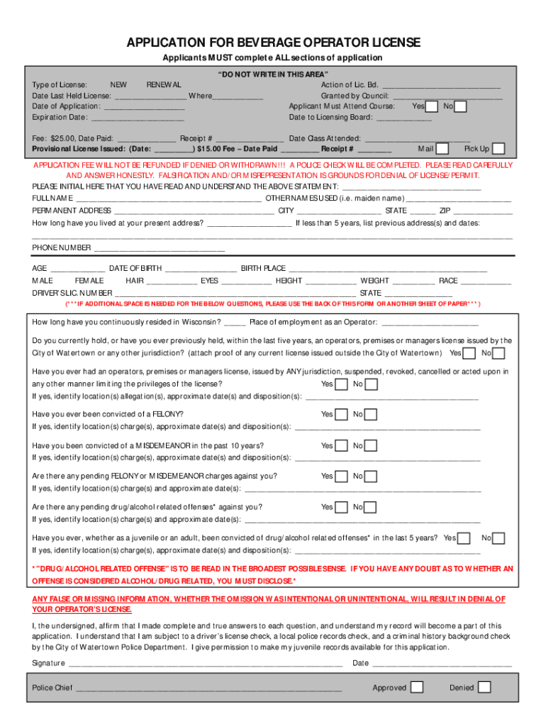 Fillable Online Revised APPLICATION FOR BEVERAGE OPERATOR LICENSE, 4-3 ...