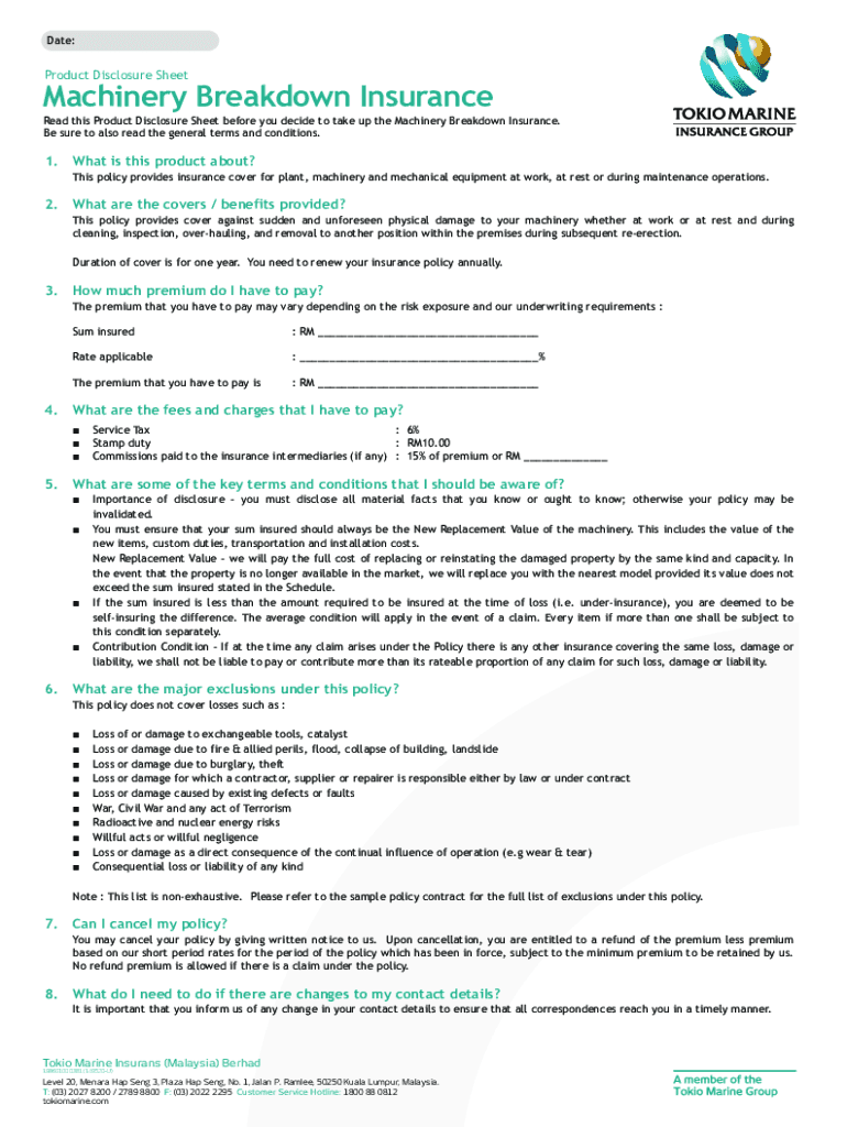 Fillable Online Machinery Breakdown Insurance Disclosure Sheet (English ...