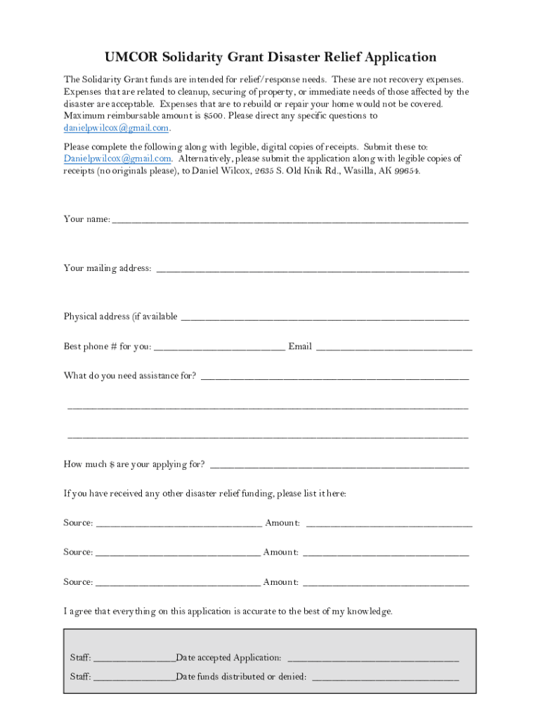 Fillable Online UMCOR Solidarity Grant Disaster Relief Application Fax ...