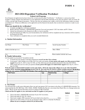 Fillable Online FORM 4 2023-2024 Dependent Verification Worksheet Fax Email Print - pdfFiller
