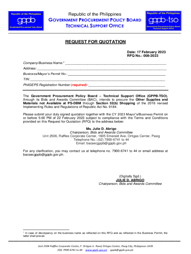 Fillable Online REQUEST FOR QUOTATION Date: December 23, 2022 ... Fax Email Print - pdfFiller