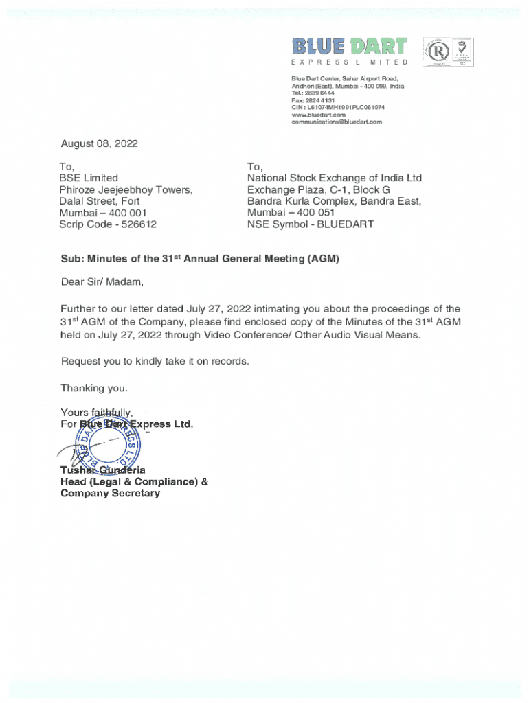 Fillable Online Blue Dart Express Limited- India's Most Innovative and ...