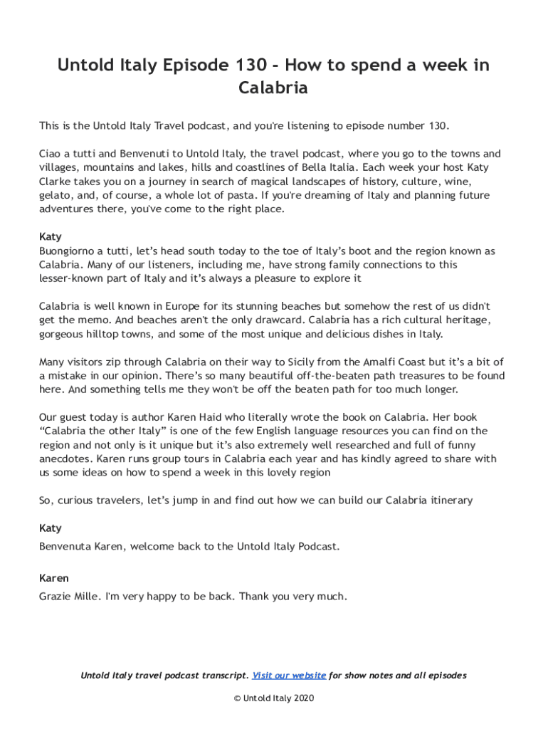 Fillable Online Episode 130 transcript - How to spend a week in Calabria Fax Email Print - pdfFiller