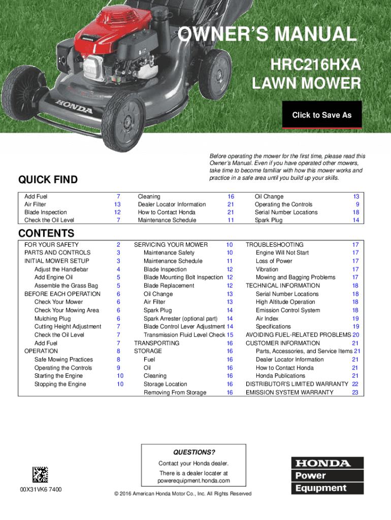 Fillable Online Owner's Manual - ROTARY MOWER HRC216HXA Fax Email Print ...