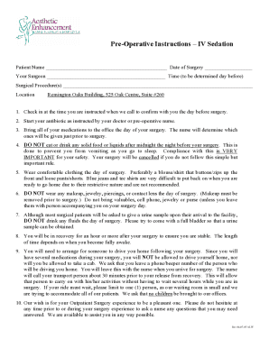 Fillable Online Pre-Operative Instructions: IV Sedation (In OR) Fax ...