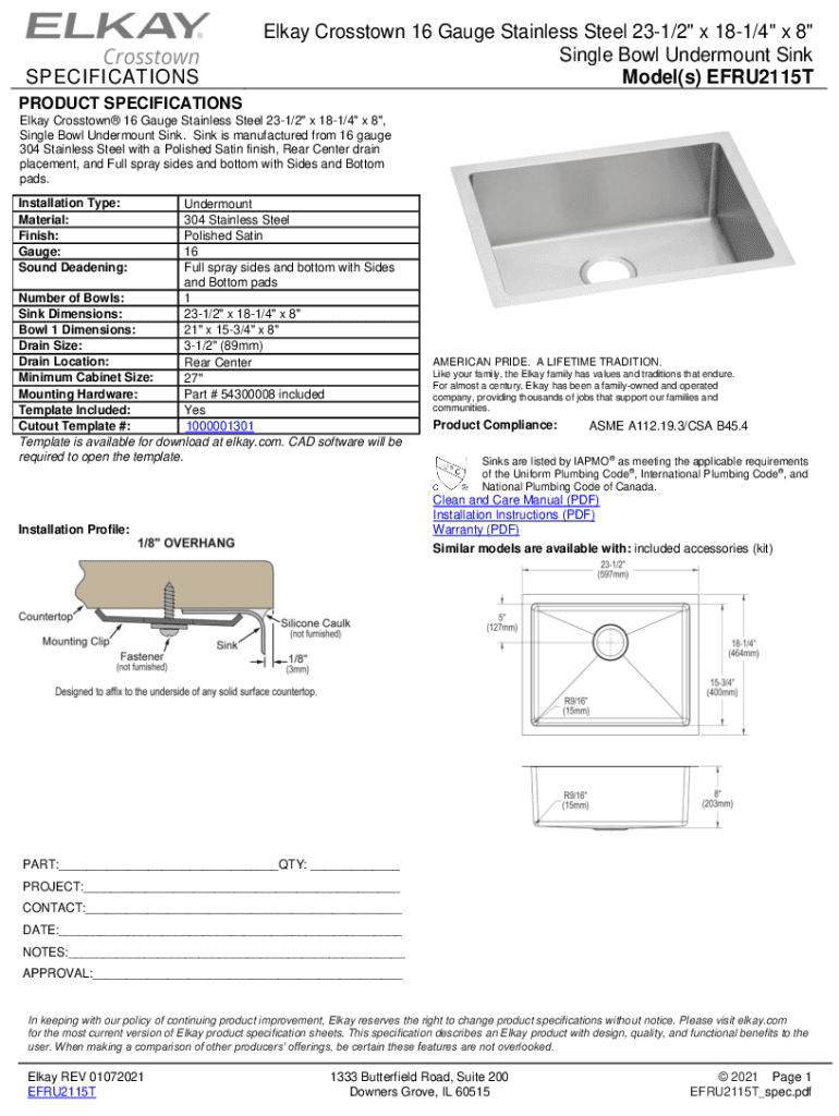 Fillable Online SPECIFICATIONS Elkay Crosstown 16 Gauge Stainless Steel 23-1 ... Fax Email Print ...