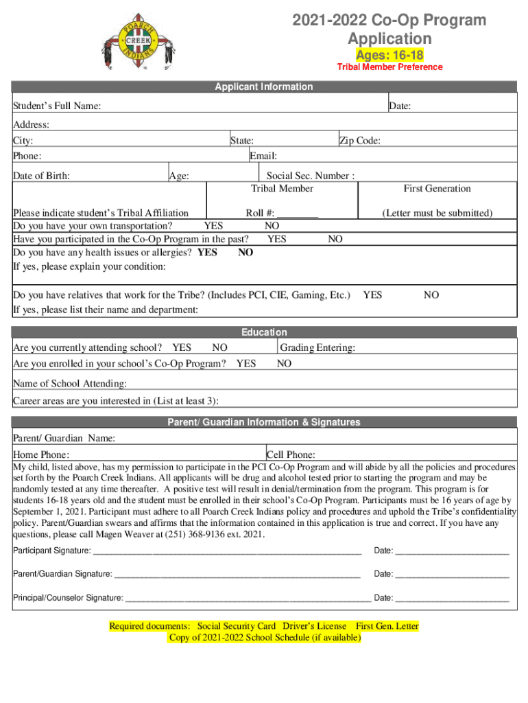 Fillable Online 2021-2022 Co-Op Program Application Fax Email Print ...