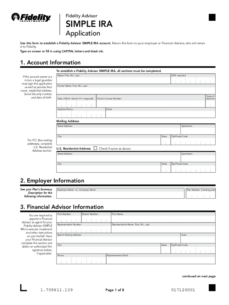 Fillable Online FA SIMPLE IRA Simple IRA Application Kit - Fidelity ...