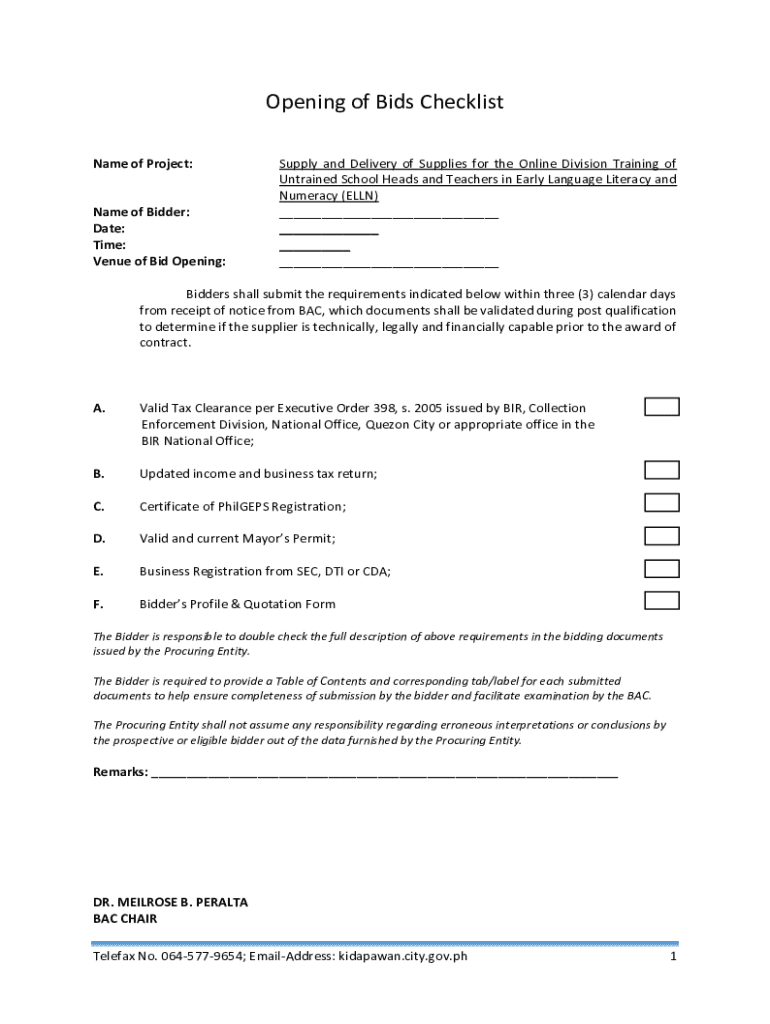 Fillable Online Opening of Bids Checklist Fax Email Print - pdfFiller