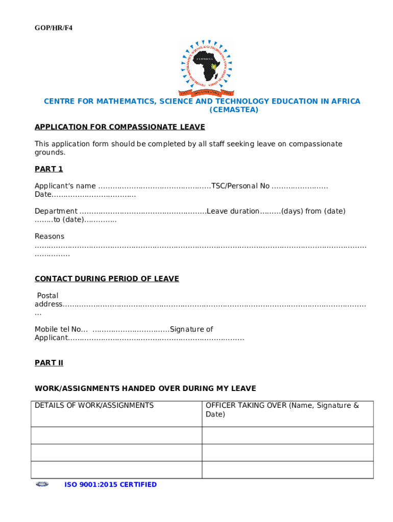 COMPASSIONATE LEAVE Doc Template | pdfFiller