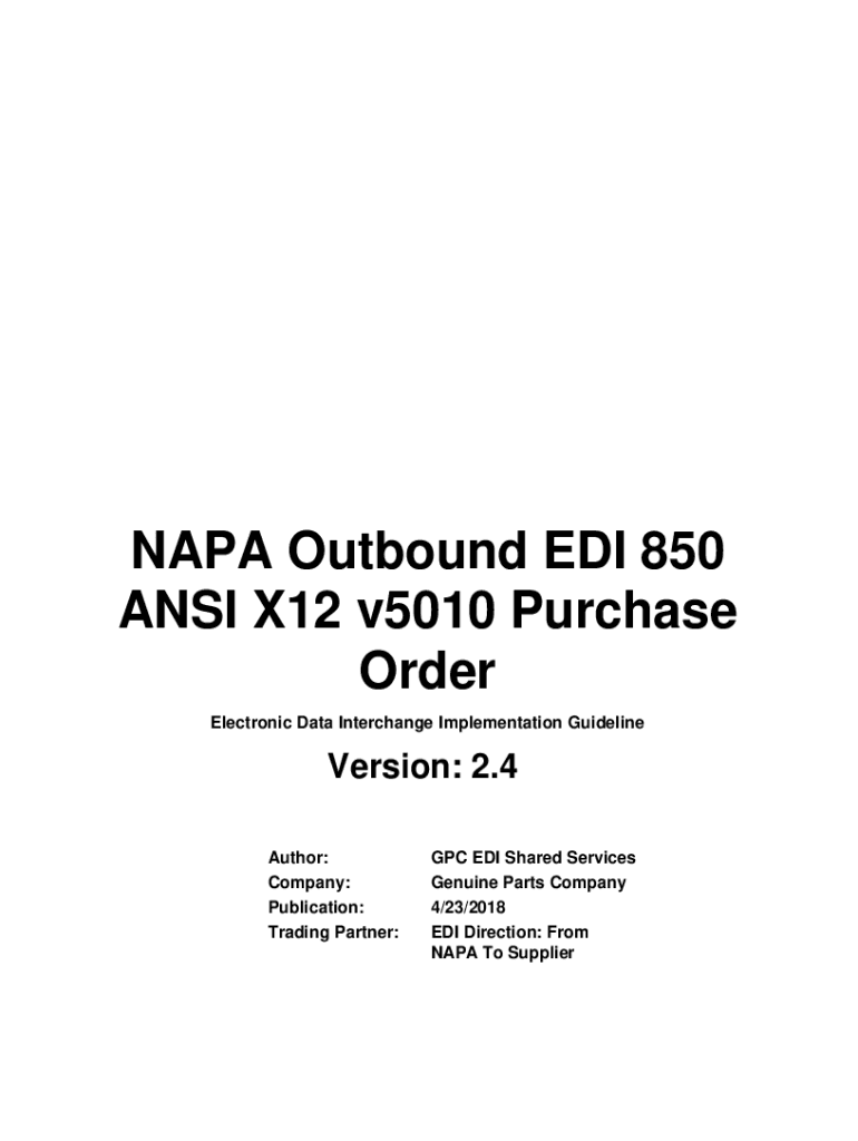 Fillable Online GPC NAPA EDI - 850x12v5010 (Purchase Order ...