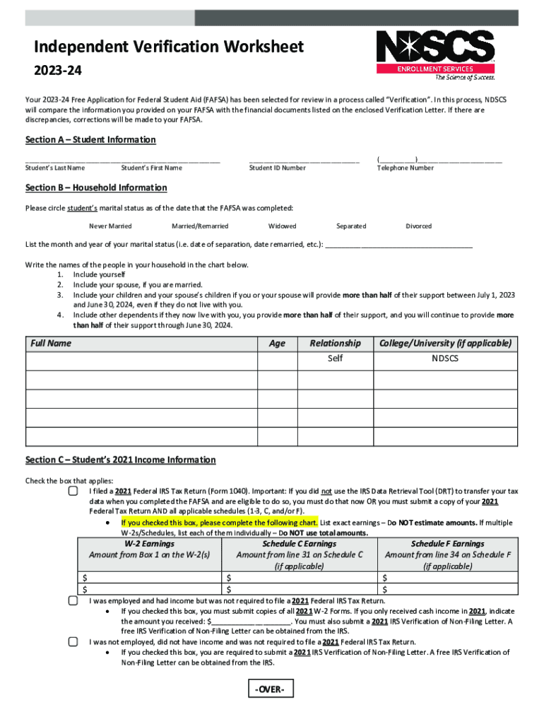 Fillable Online Independent Verification Worksheet - 2023-24 Fax Email Print - pdfFiller